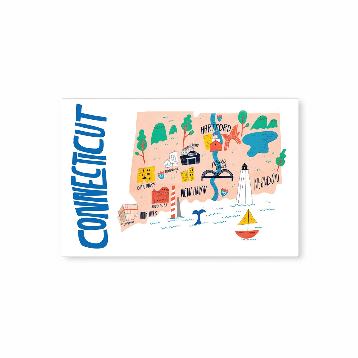 Connecticut Illustrated Map Postcard | Hartford Prints